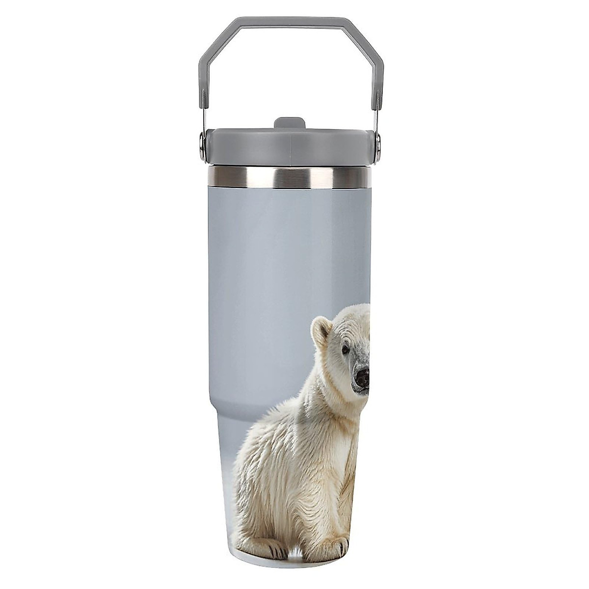 30oz Stainless Steel Insulated Tumbler with Flip Lid & Straw, Leakproof Travel Mug for Car, Polar Bear And Cub Double Wall Vacuum Thermal Coffee Cup with Handle, Spill-Proof Design for Hot/Cold Drinks