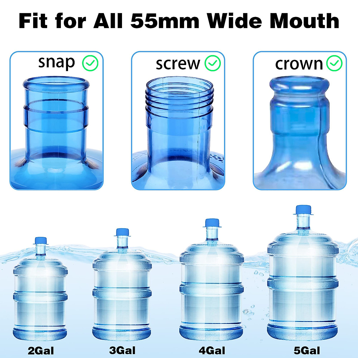 U-Goforst [4 PCS] 3 & 5 Gallon Water Jug Cap - 55mm Food Grade Silicone Reusable Bottle Cover for Standard/Screw/Crown Tops, Dispenser Replacement Lids, Non Spill & Leak Free 4 Pack