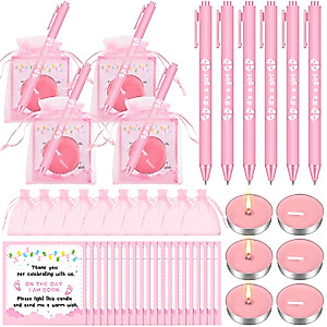 Ctosree 50 Sets Baby Shower Favors for Guests 50 Pcs Tea Light Candle 50 Pcs Thank Tag 50 Pcs Chiffon Bag with Drawstring 50 Pcs Retractable Ballpoint Pen with Ink for Birthday (Girl,2.8 x 3.5 inch)