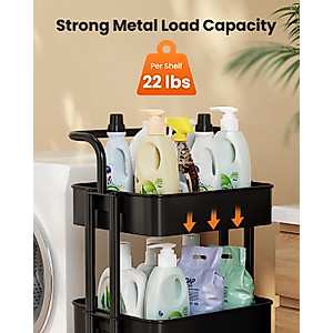 Pipishell 3 Tier Mesh Utility Cart, Rolling Metal Organization Cart with Handle and Lockable Wheels, Multifunctional Storage Shelves for Kitchen Living Room Office Black