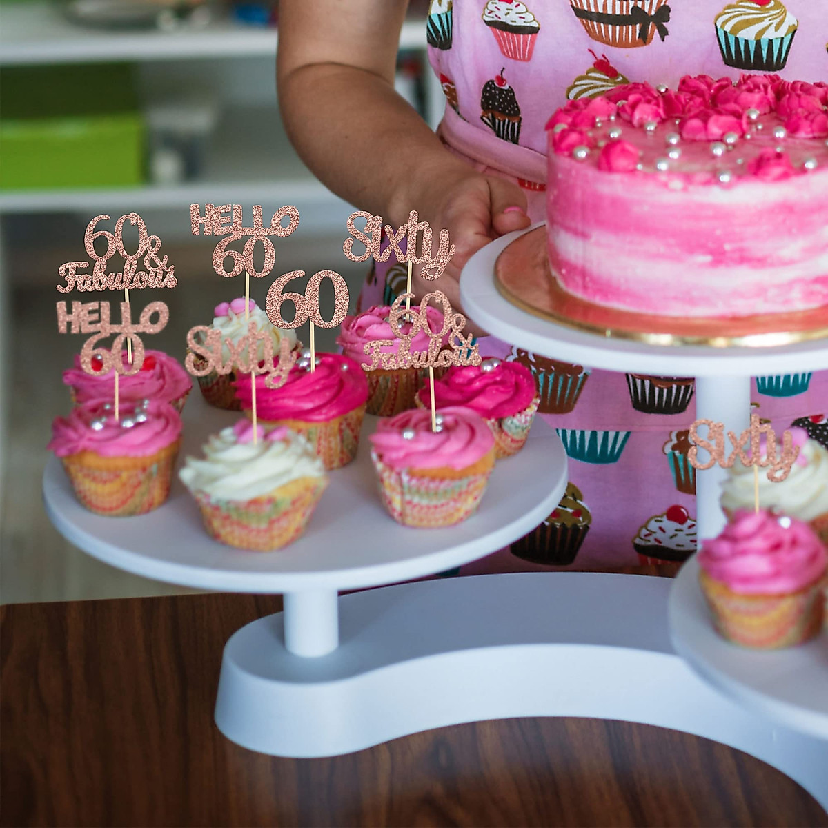 Gyufise 24Pcs Rose Gold Glitter 60th Birthday Cupcake Toppers Hello 60 Sixty Cake Toppers 60 & fabulous Cupcake Picks 60th Birthday Cake Decorations Supplies