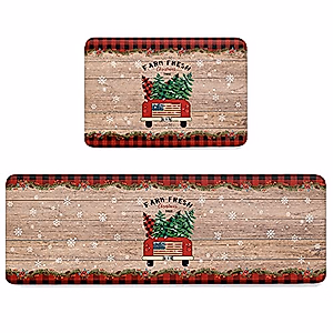 Kitchen Mat Rug Set of 2 Christmas Red Truck Xmas Tree Wood Grain Black Plaid Runner Rug Anti-Fatigue Comfort Memory Foam Standing Mat Non-Slip Floor Door Mat for Bathroom Bedroom 20x32in+20x63in