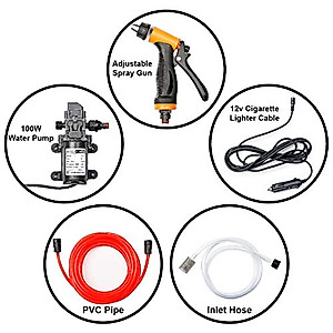 Bang4buck Portable Intelligent Electric Pressure Washer Pump 100W 160 PSI 12V Portable Pressure Powerful Washing Kit with 21.3 Feet PVC Hose for Home, Car, Garden, Projects(100 W-Black Hose)