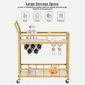 Furmax Home Industrial Serving Mobile Bar Cart on Wheels with Wine Rack and Glass Holder 2 Wood Storage Shelves for Living Room, Kitchen, Party (Gold)
