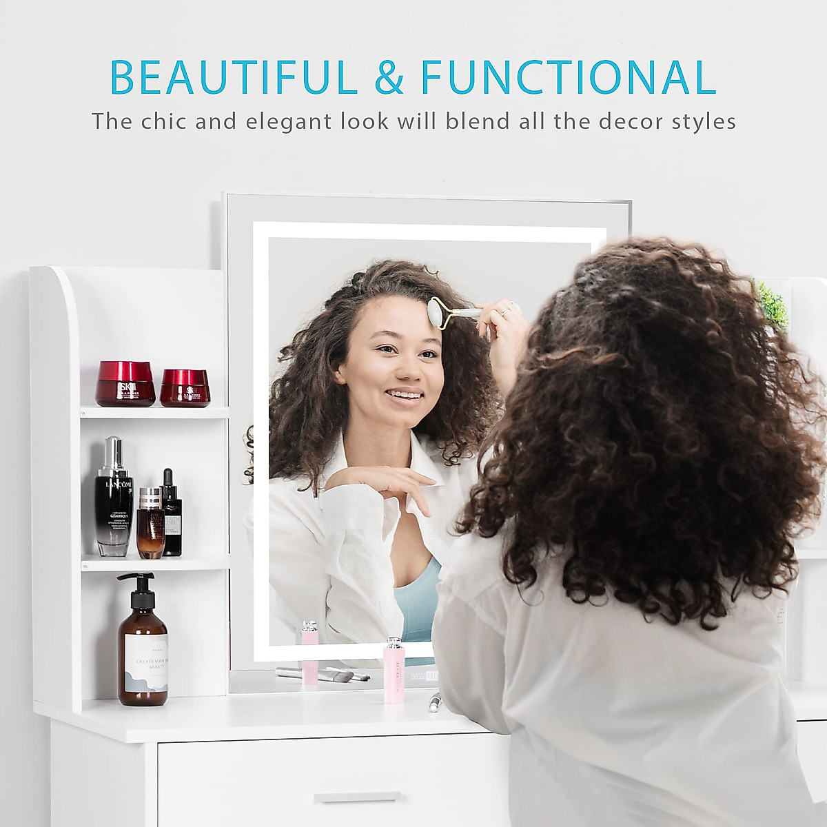 VIVOHOME Makeup Vanity Set with 10 Dimmable LED Bulbs, Dressing Table with 360° Rotating Lighted Mirror and Cushioned Stool, Black