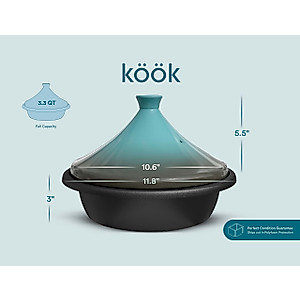 Kook Moroccan Tagine, Enameled Cast Iron Cooking Pot, Tajine with Ceramic Cone-Shaped Closed Lid, 3.3 QT (Stone Blue)