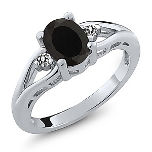 Gem Stone King 925 Sterling Silver Black Onyx and White Diamond 3 Stone Engagement Ring For Women | 1.32 Cttw | Oval 8X6MM | Round 2MM | Gemstone December Birthstone | Size 7