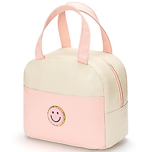 Lunch Bag for Women Large Insulated Lunch Box Reusable Lunch Tote Bag with Smiley Preppy Lunch Bag,Soft Leather Lunchbag for Work School Picnic Travel (White&Pink)