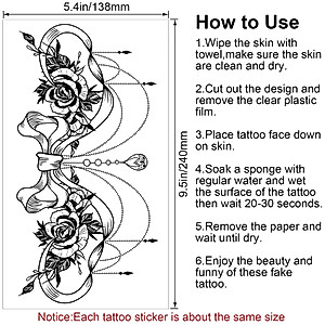 PAGOW 6pcs Fake Tattoos Women, Waterproof Floral Moon Bowknot Rose Realistic Temp Tattoo Stickers for Women Girl Chest, Waist (Large Size: 9.5x5.4inch/240x138mm) Black