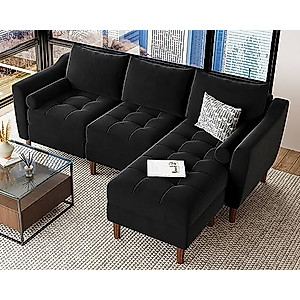 Belffin Black Velvet L Shaped Sectional Couch Small Convertible Couch Sectional Sofa 3-Seater Sofa Sectional with Reversible Chaise Ottoman for Apartment and Small Space