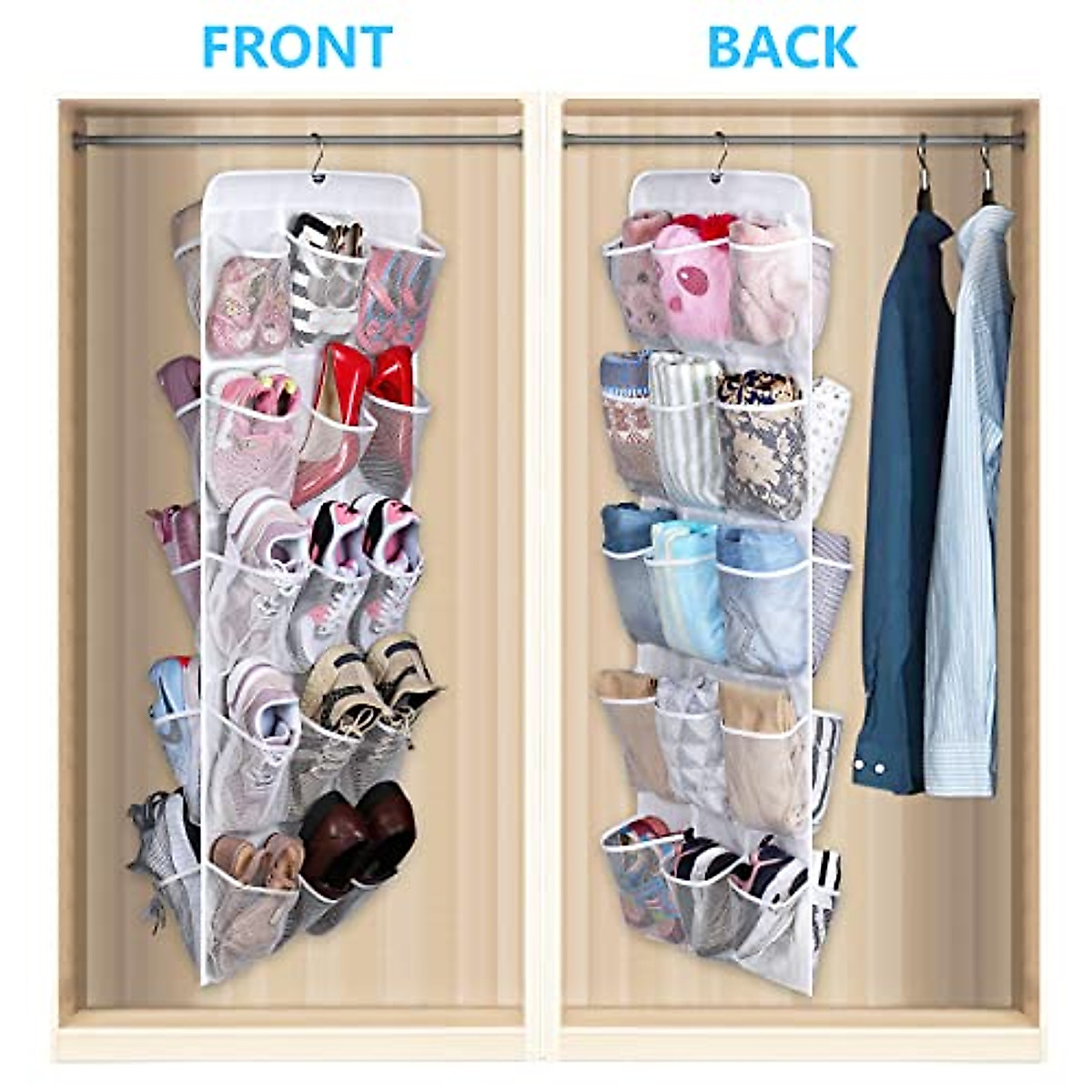MISSLO 30 Pockets Dual Sided Hanging Baby Shoe Organizer for Closet with Rotating Hanger Hanging Shoe Shelves, White