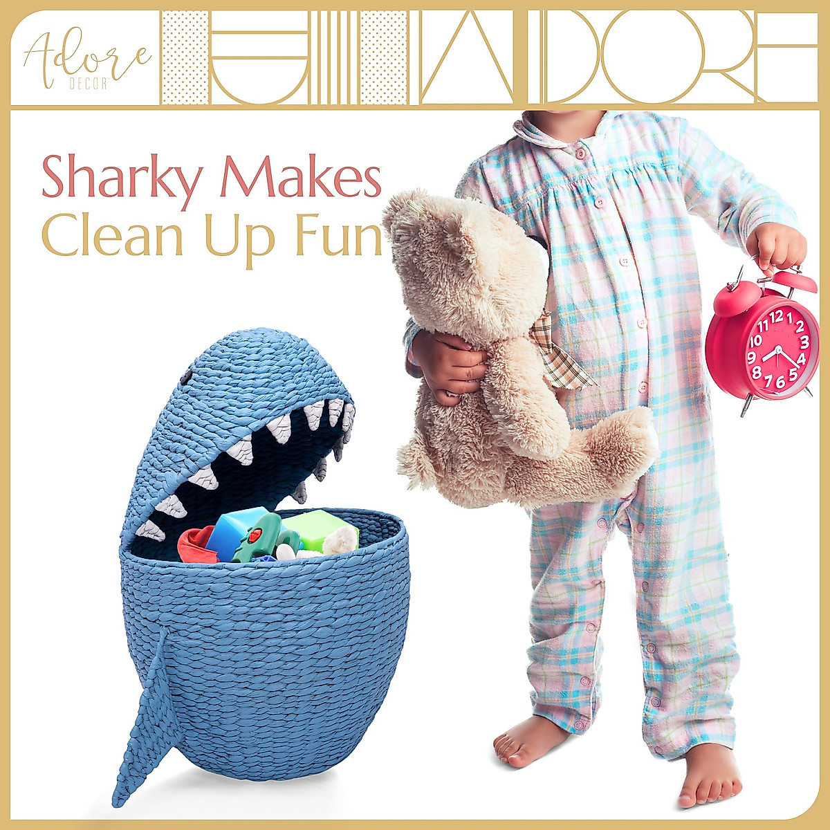 Adore Decor Sharky Laundry Hamper, Child & Pet Safe Basket, Baby Hamper for Nurseries, Cute Toy Basket for Children's Bedrooms, or Cat & Dog Toy Box, Natural & Sustainable Water Hyacinth, Medium Blue