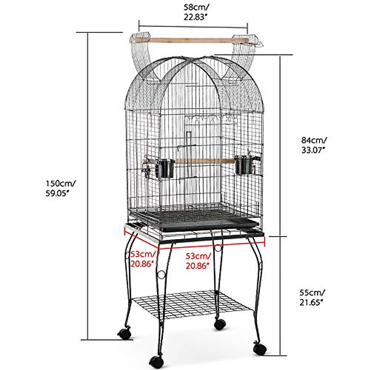 IKAYAA Large Bird Cage, Bird Cage for Parakeets, Cockatiel Cage, Parrot Cage, Medium Dome Open Top Bird Cage for Parrots, with Stainless Steel Bowl & Lockable Wheels
