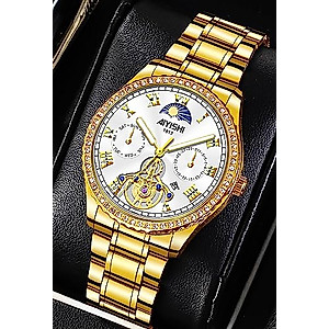 AIYISHI Unisex Golden Watches Luxury Diamond Fashion Waterproof Stainless Steel Luminous Calendar Date Quartz Wrist Watch for Men and Women