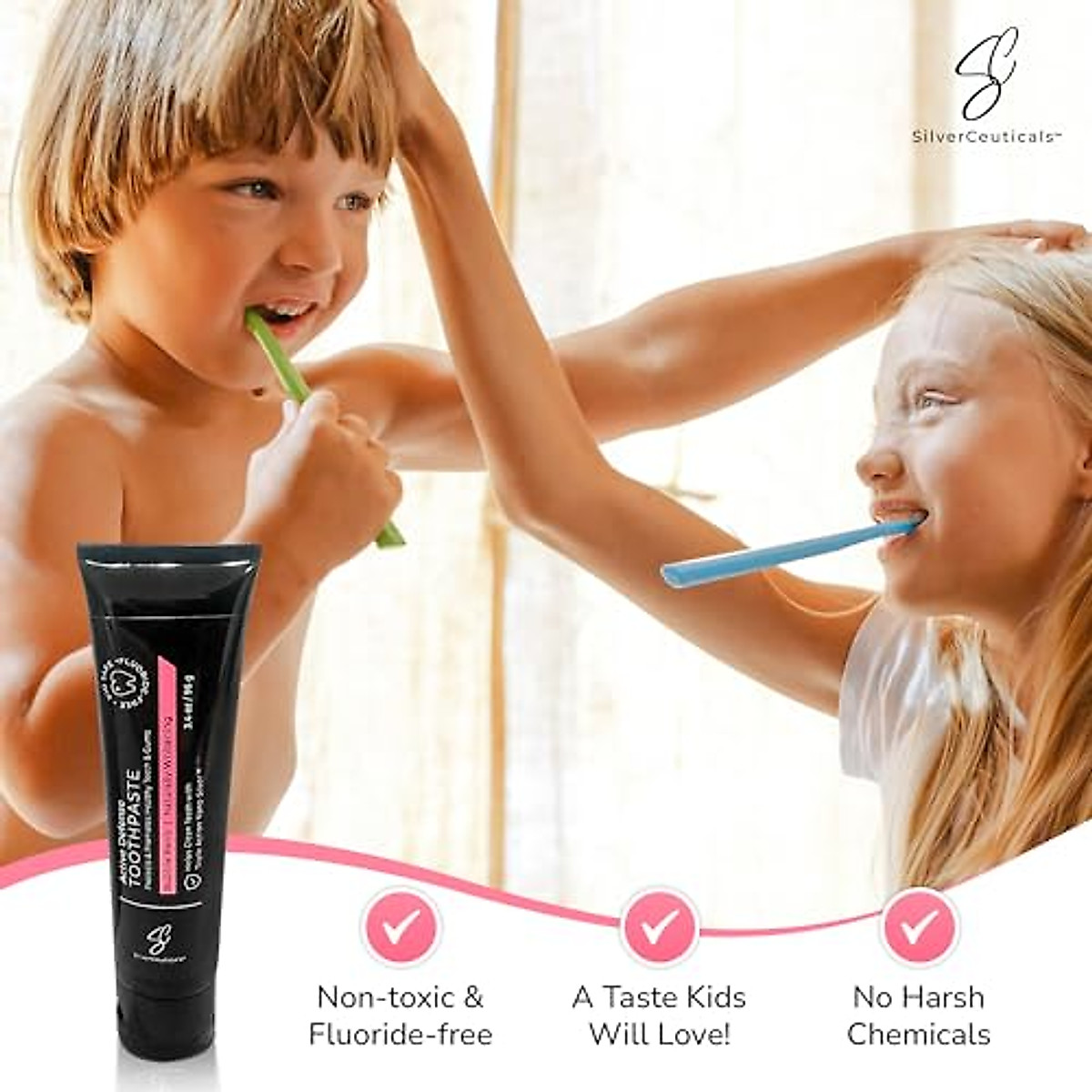 SilverCeuticals Toothpaste - Bubble Berry - Contains 25ppm Silver - Coral Calcium - Whitens - Kid Safe - Remineralizes - Whitening - Healthy Teeth & Gums - No Fluoride, SLS or Preservatives - 3.4oz