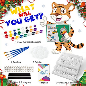 Tigerhu Arts and Crafts for Kids,27 Painting Figurines, 2 x 8 Colors of Paint, 4 Pens Paint Brush, 1 Palette, 2 Magnets and 27 Stickers, Painting Kit DIY Toys Kids Gifts for Ages 4, 5, 6, 7, 8