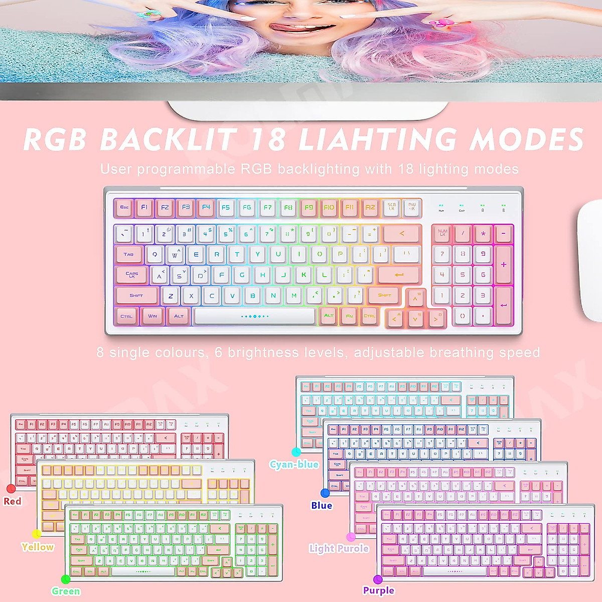 GK98 Wireless Gaming Keyboard,2.4G Rechargeable RGB White Backlit Ergonomic 98 keys Mechanical Feeling Dual Color Keyboard for Office Windows Mac PC Xbox PS4 Gamer(WhitePink)