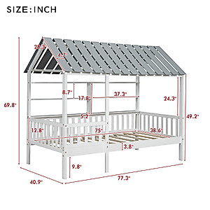 Harper & Bright Designs House Bed Twin Size with Fence Guardrails, Montessori Bed Frame with Storage Shelves, Wood Playhouse Beds for Kids Girls Boys, White