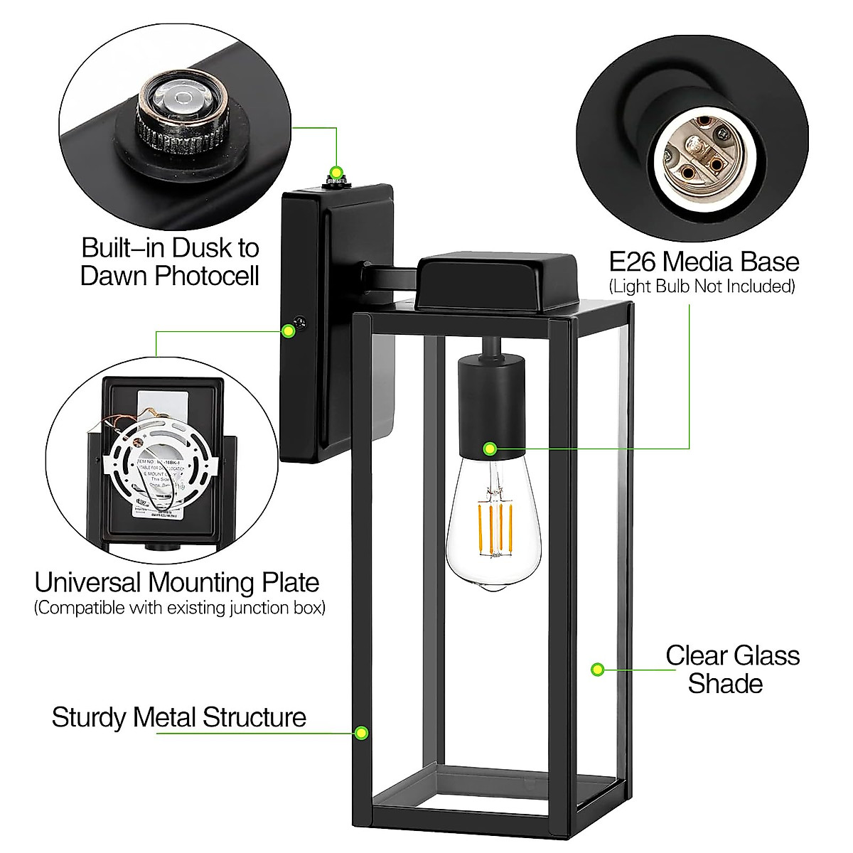 11 inch Canyon Outdoor Wall Light Fixtures with Dusk to Dawn Sensor, Exterior Black Wall Lighting, Architectural Wall Sconces with Clear Glass Shade for Entryway, Porch, Front Door, ETL Listed