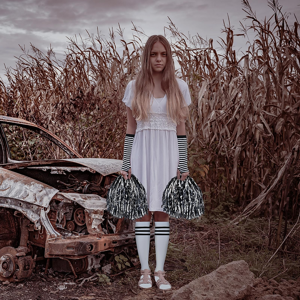 Matiniy Halloween Zombie Cheerleader Costume for Women Girls Include Pom Poms Striped Socks Arm Warmer Hair Ropes Sticker(Adult)