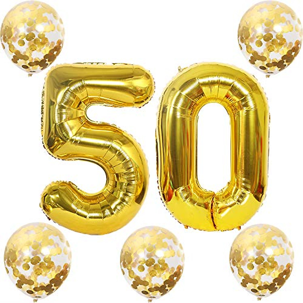 Eokeanon Number 50 and Gold Confetti Balloons, 40 Inch Gold Number 50 Balloon with 5PCS 12 Inch Gold Confetti Balloons for 50th Birthday Party Decorations 50th Anniversary Décor