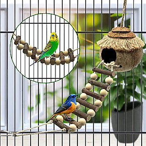 Tfwadmx Hanging Bird House with Ladder Natural Coconut Fiber Birds Nest Coco Shell Hideaway Lovebird Swing Toys Parrot Cage Accessories for Parakeet Finch Parrot Canary