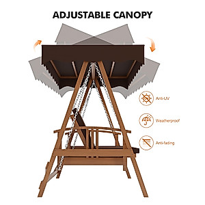 GarveeLife Wooden Patio Swing with Adjustable Canopy, 3-Seater Wood Patio Swing Bench with Removable Cushion, Patio Swing Glider with Flatbed for Backyard Garden Balcony Poolside, Brown