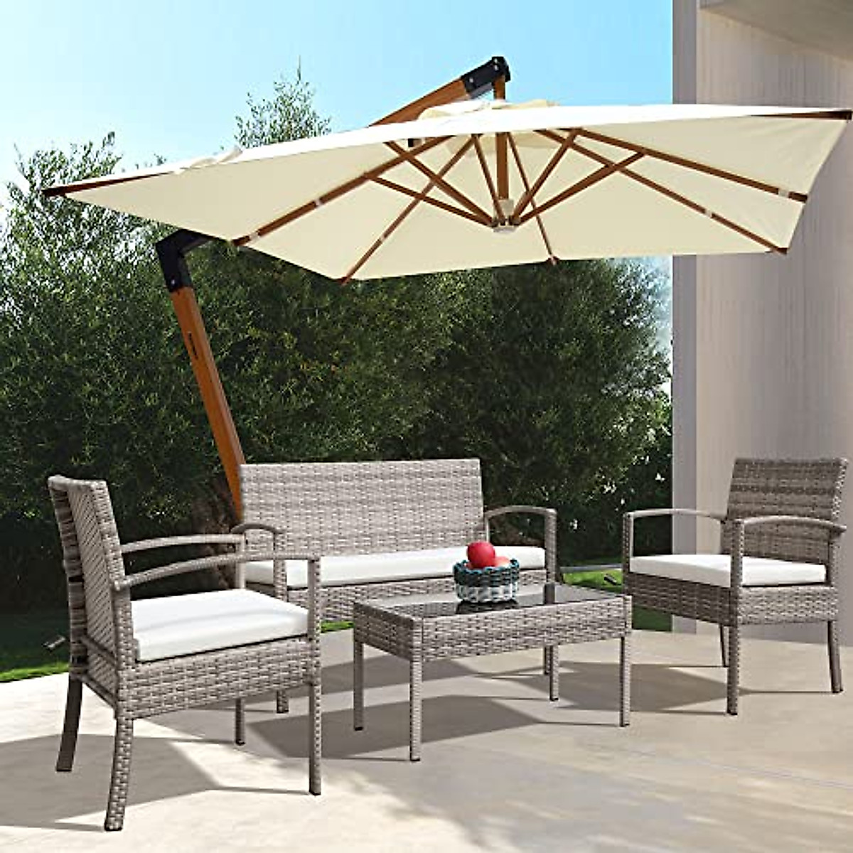 EMKK 4 Pieces Outdoor Sectional Wicker Patio Furniture Sets, All-Weather Rattan Sofa Conversation Cushions, Loveseat, Glass Table, Shallow Grey