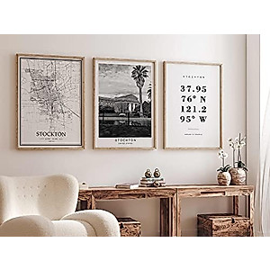 Dear Mapper Stockton United States View Abstract Road Modern Map Art Minimalist Painting Black and White Canvas Line Art Print Poster Art Line Paintings (Set of 3 Unframed) (16x24inch)