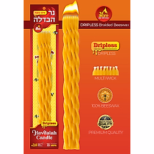 Ner Mitzvah Havdalah Candle DRIPLESS Braided Beeswax - Non-Drip - 12" Drip-Free Hand Dipped Bees Wax Braided Multi Wick Candle