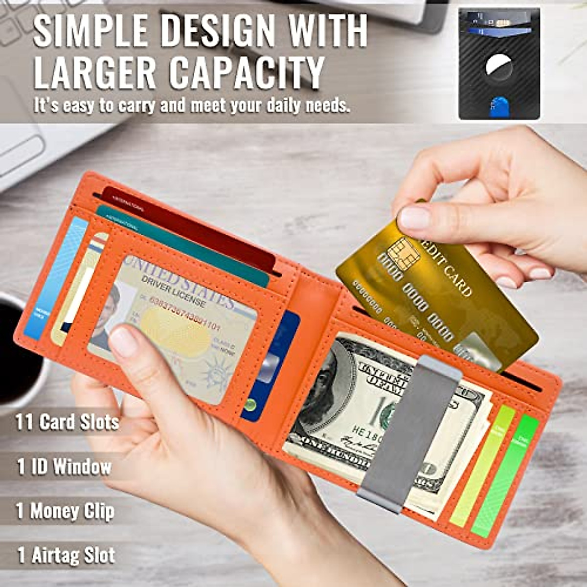 Wallet With Airtag Holder for Mens, Slim Long Bifold Wallets for Men RFID Blocking Wallets Business Card Holder Credit Card Holder Purse Black Airtag Wallet with Money Clip Large Capacity Mens Gift