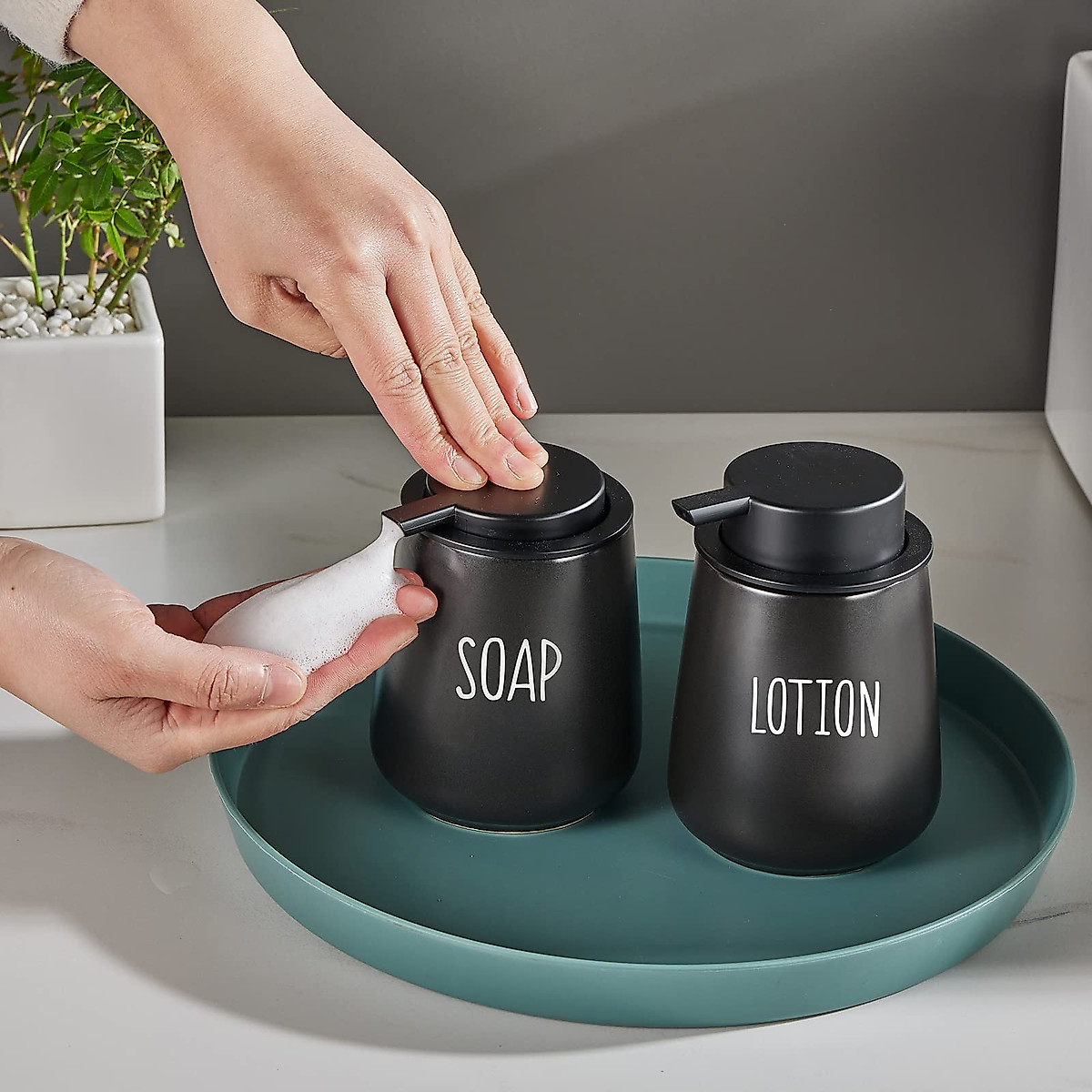 12Oz Black Foaming Soap Dispenser - Ceramic Foam Hand Soap Dispenser Set with Easy-to-Press Pump, Refillable Liquid Dish Soap Dispenser for Bathroom and Kitchen, 2 Pack