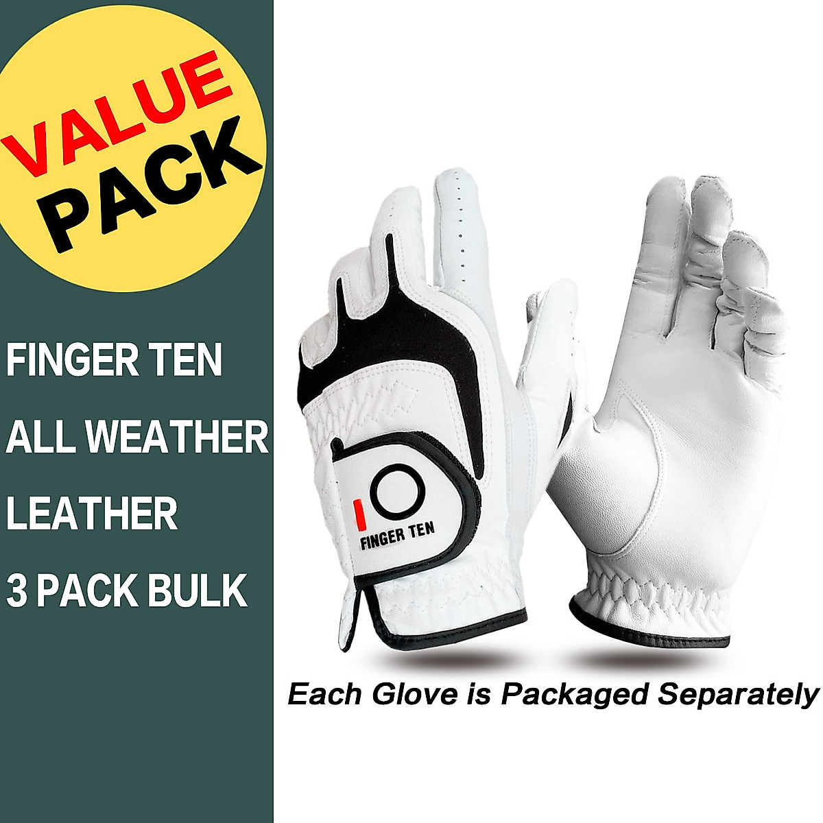FINGER TEN Golf Gloves Men Right Left Handed Golfer 3/6 Pack Mens Golf Glove Left Right Hand Soft Cabretta Leather All Weather Grip Size S M ML L XL (White-3 Pack, Medium, Left)