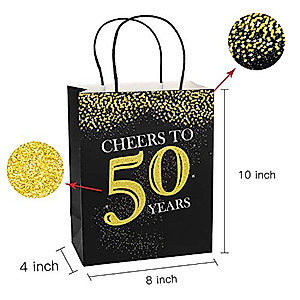 WRAPAHOLIC Medium Size Gift Bags - 12 Pack Cheers to 50 Years Black and Gold Glitter Paper Bags with Gold Tissue Paper for Birthday, Party, Anniversary, Wedding - 8" x 4" x 10"