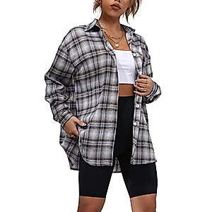 LYANER Women's Long Sleeve Plaid Collar Button Down Boyfriend Shirt Blouse Top Grey 3X-Large