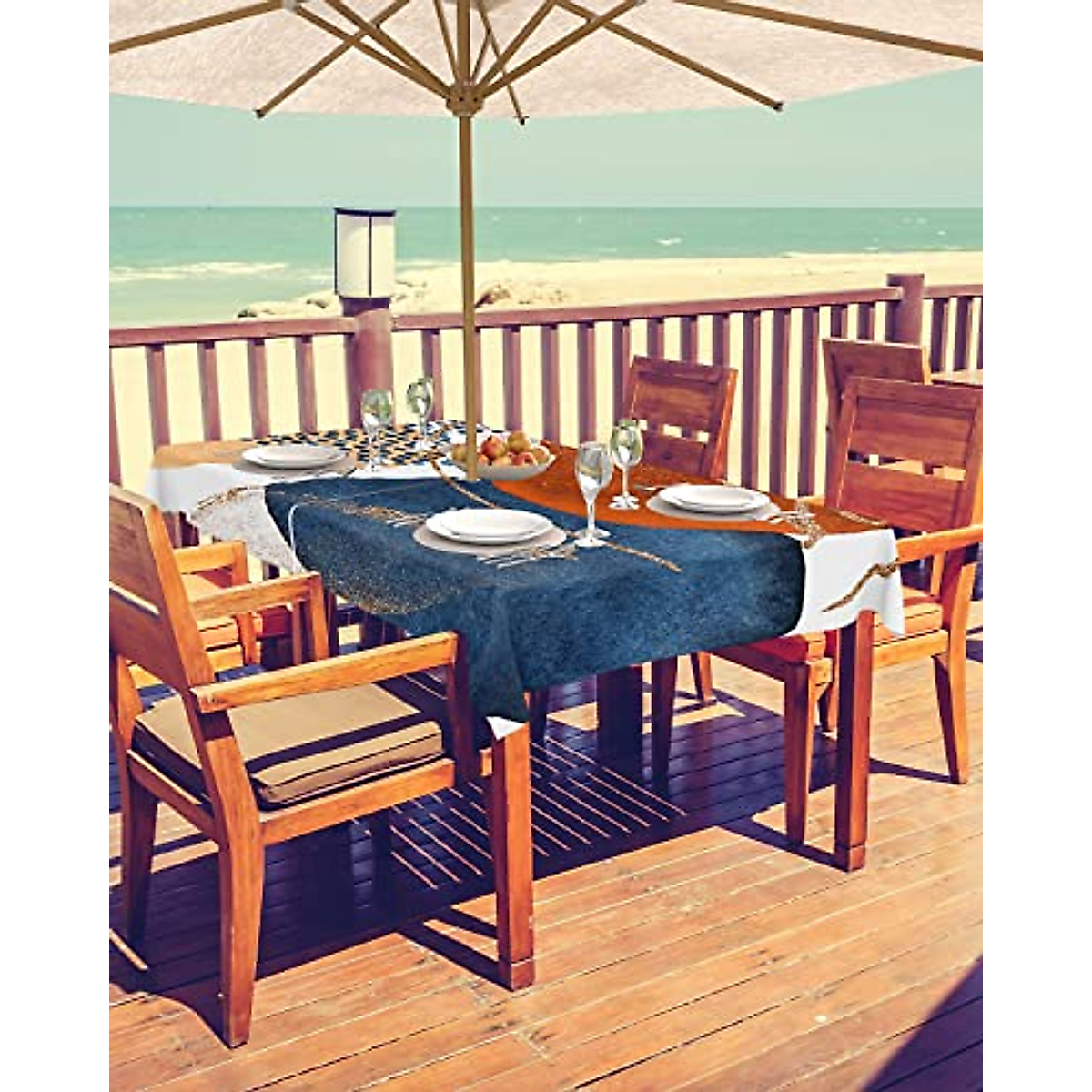 Outdoor Tablecloth with Umbrella Hole and Zipper,Mid Century Terracotta Abstract Geometry Waterproof Tablecloths for Rectangle Tables,Washable Table Cloth Burnt Orange Navy Block Gold Line 60x84in