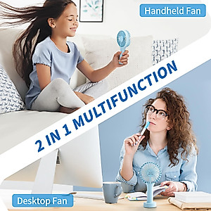 Mini Handheld Fan Portable, Small Portable Hand Held Fan with USB Rechargeable Battery, 3 Speed Personal Desk Table Fan with Base, Makeup Eyelash Fan for Women Kids Travel Indoor Outdoor, Blue