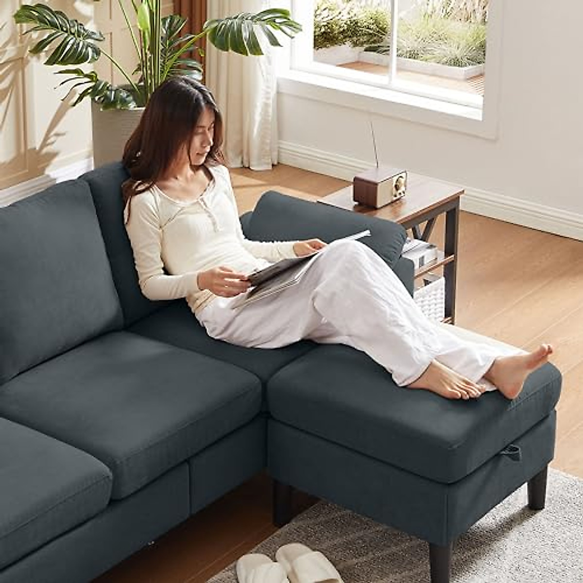 Pingliang Home 79" Convertible Sectional Sofa, Small L Shaped 3-Seat Couch with Reversible Chaise, Modern Linen Sofas Couches for Living Room, Apartment and Small Space, Dark Grey