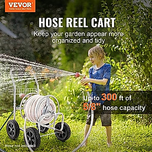 VEVOR Hose Reel Cart, Hold Up to 300 ft of 5/8’’ Hose, Garden Water Hose Carts Mobile Tools with 4 Wheels, Heavy Duty Powder-Coated Steel Outdoor Planting with Storage Basket, for Garden, Yard, Lawn
