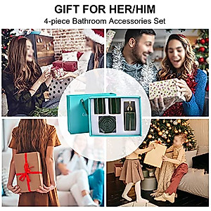 4 Pieces Bathroom Accessories Set Ceramic Bathroom Ensemble Includes Lotion Dispenser Toothbrush Tumbler Soap Dish Green and Gold for Bath Decor