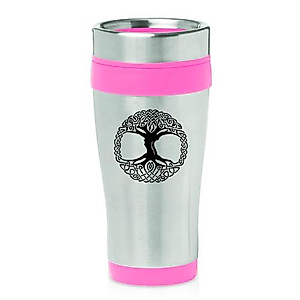 16oz Insulated Stainless Steel Travel Mug Coffee Mug Tumbler Celtic Tree Of Life Irish (Pink)