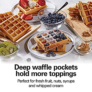 Hamilton Beach Non-Stick Belgian Waffle Maker with Indicator Lights, Makes 4 4" x 5" Mini Waffles, Hashbrowns or Keto Chaffles at Once, Compact Design for Easy Storage, Black & Stainless Steel (26020)
