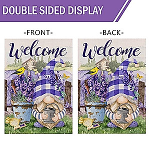 Furiaz Welcome Spring Gnome Lavender Small Decorative Garden Flag, Goldfinch Bird Yard Flower Purple Buffalo Plaid Check Home Outside Decoration, Summer Farmhouse Outdoor Decor Double Sided 12x18