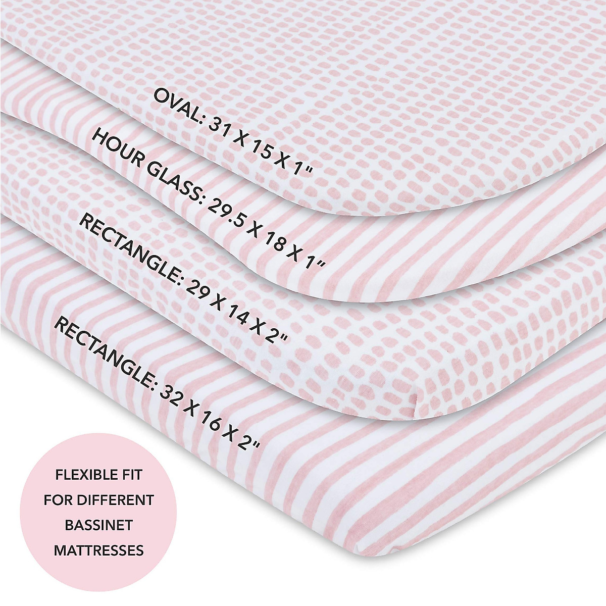 Ely's & Co. Patent Pending Waterproof Bassinet Sheet, No Need for Bassinet Mattress Pad Cover, 2 Pack Mauve Pink Splash & Stripes,for Baby Girl 32" 16"X3"