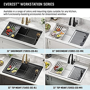 DELTA FAUCET Everest 33-inch Granite Composite Workstation Kitchen Sink Undermount Single Bowl with WorkFlow Ledge and Accessories in Metallic Black, 75B933-33S-BL