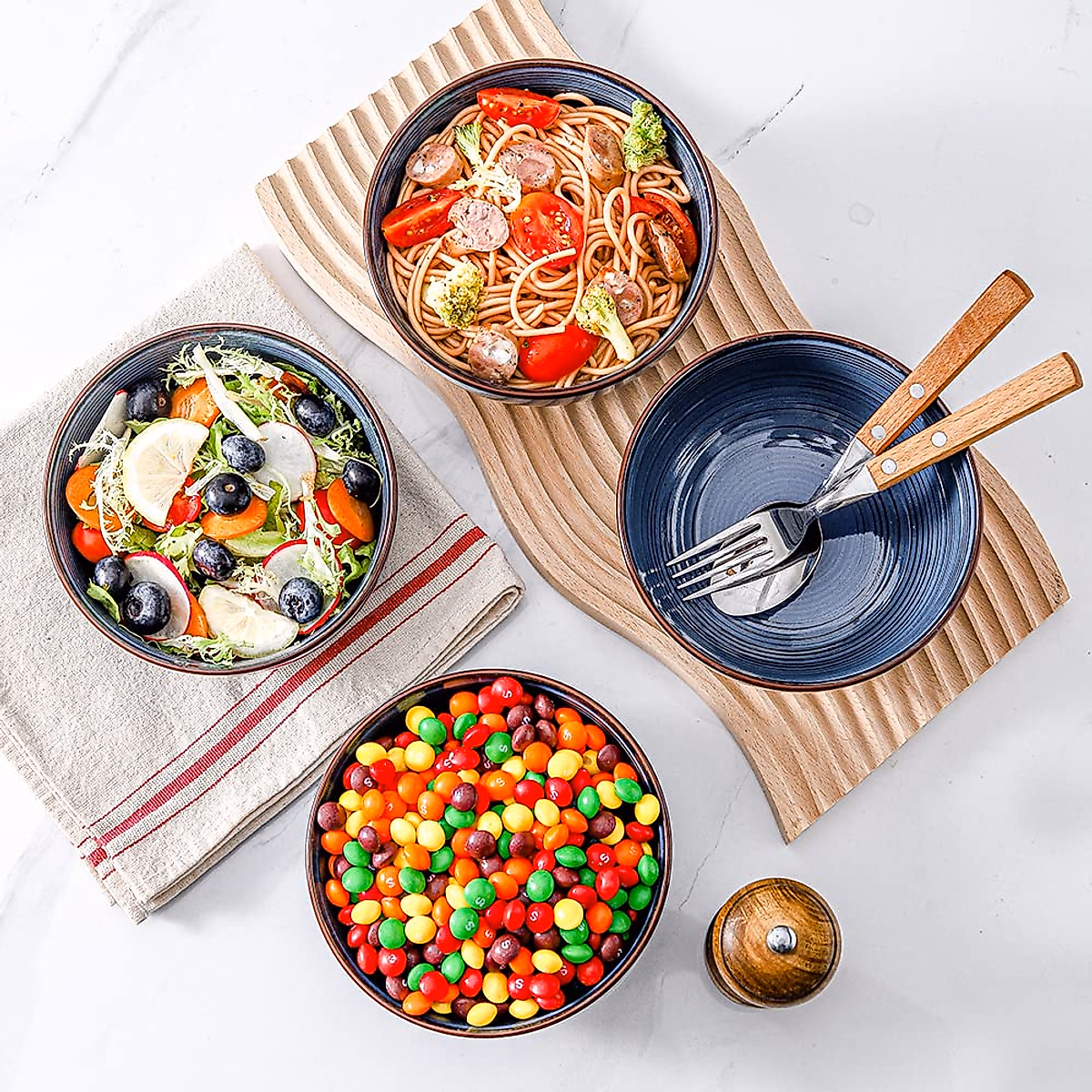 HVH Ceramic Cereal Bowls Set of 4, Soup Bowls Microwave Safe, 24 oz Ceramic Bowls for Kitchen, Salad, Oatmeal, Soup, Noodle, Farmhouse Style (Blue)