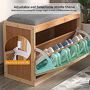 QSSLLC Bamboo Shoe Bench with Storage, Hidden Shoe Storage with Seat Cushion, Shoe Bench with Flip Drawer for Entryway, Hallway, Mumroom