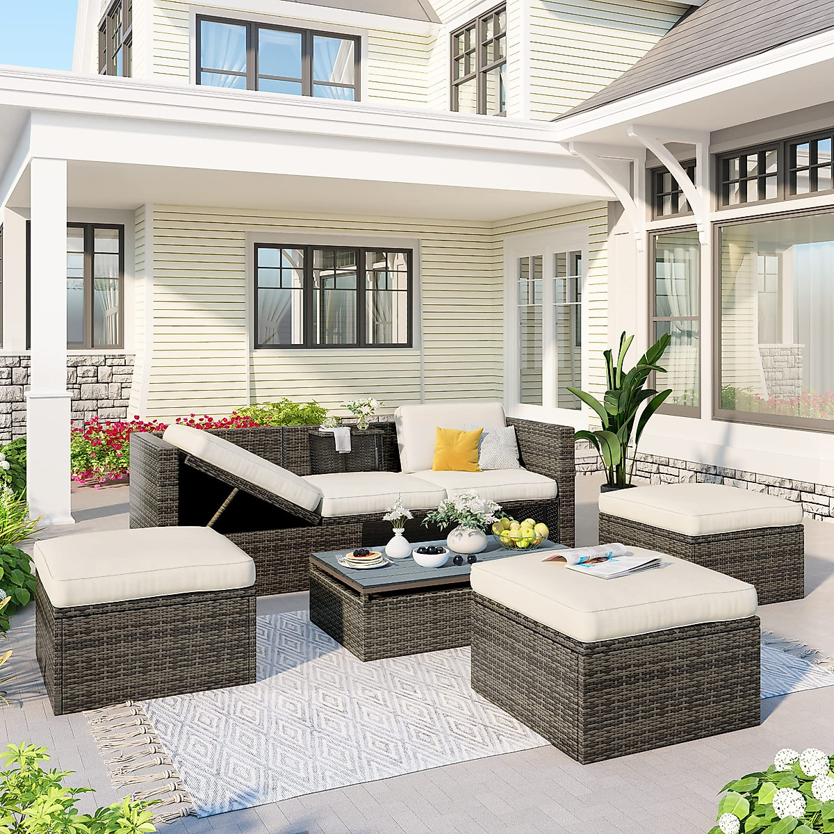 Merax U_Style Patio Furniture Sets, 5-Piece Patio Wicker Sofa with Adustable Backrest, Cushions, Ottomans and Lift Top Coffee Table