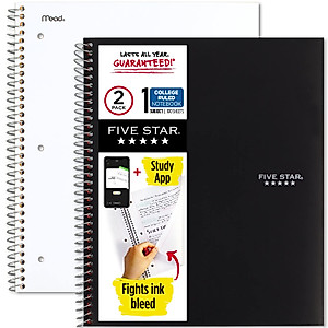 Five Star Spiral Notebooks + Study App, 2 Pack, 1 Subject, College Ruled Paper, 11" x 8-1/2", 100 Sheets, Black, White (38454)