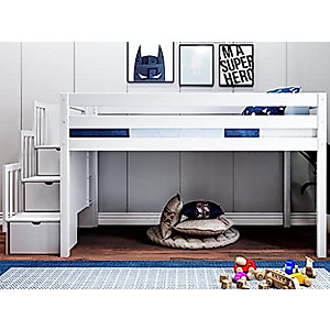 JACKPOT! Contemporary Low Loft Twin Bed with Stairway, Loft Bed, White